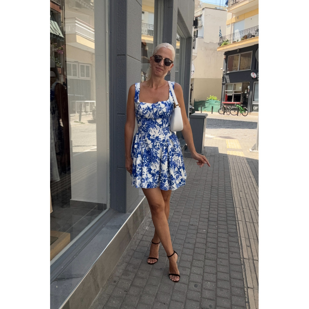 ZooM Life Clothing |zoomlife.grMINI DRESS IN WHITE WITH BLUE FLOWERS ...